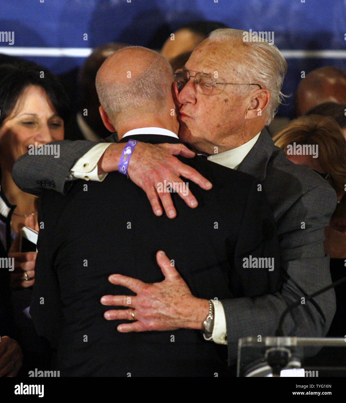 Mayor-elect Mitch Landrieu is hugged by his father Moon Landrieu at his ...
