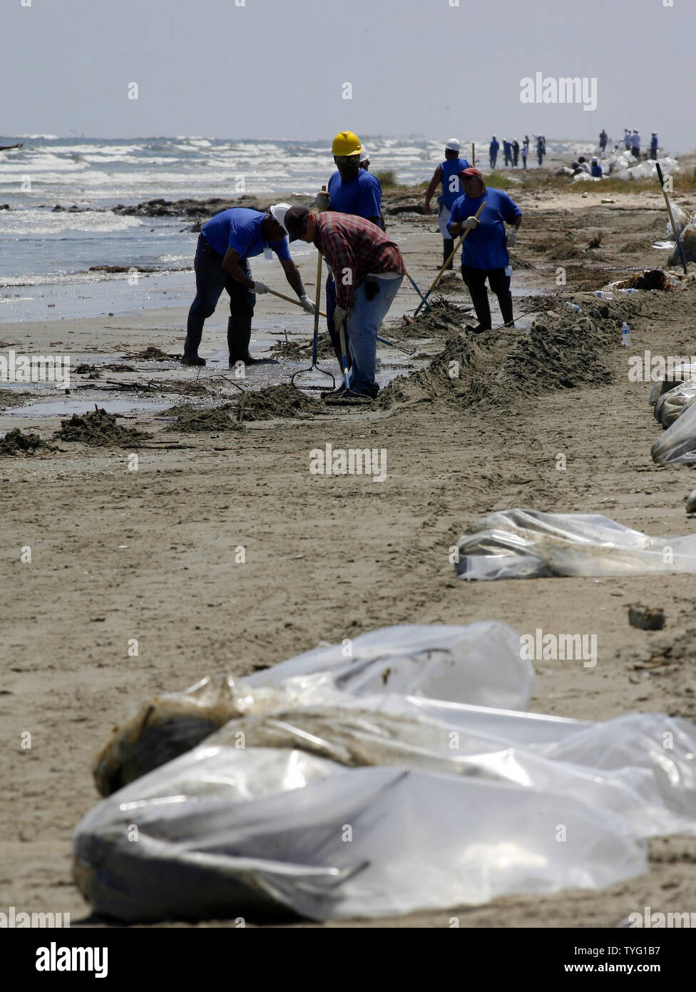 Cleanup workers bag oil-contaminated sand on Elmer's Island, Louisiana ...