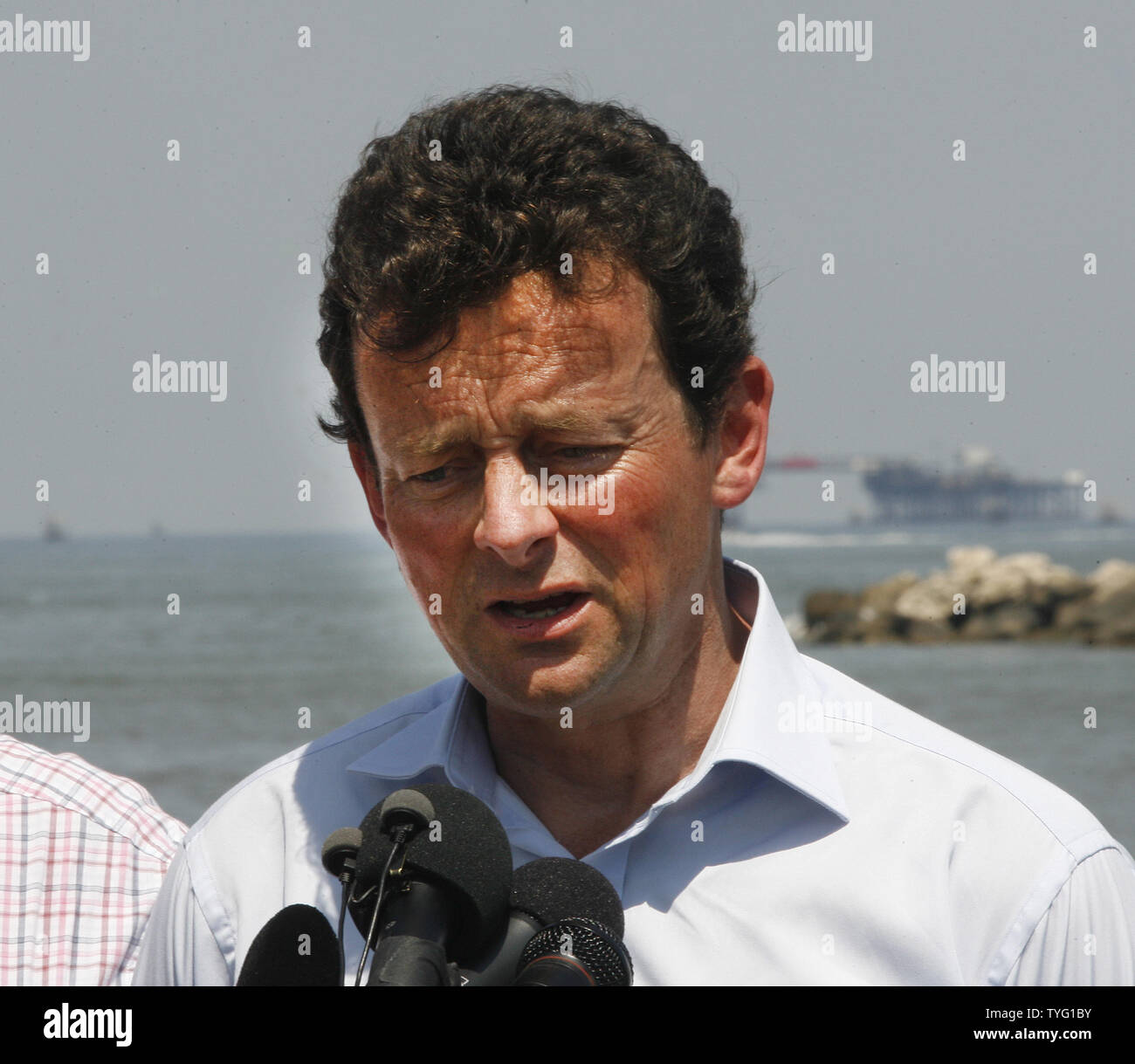 BP CEO Tony Hayward speaks at a press conference on the beach at Port ...