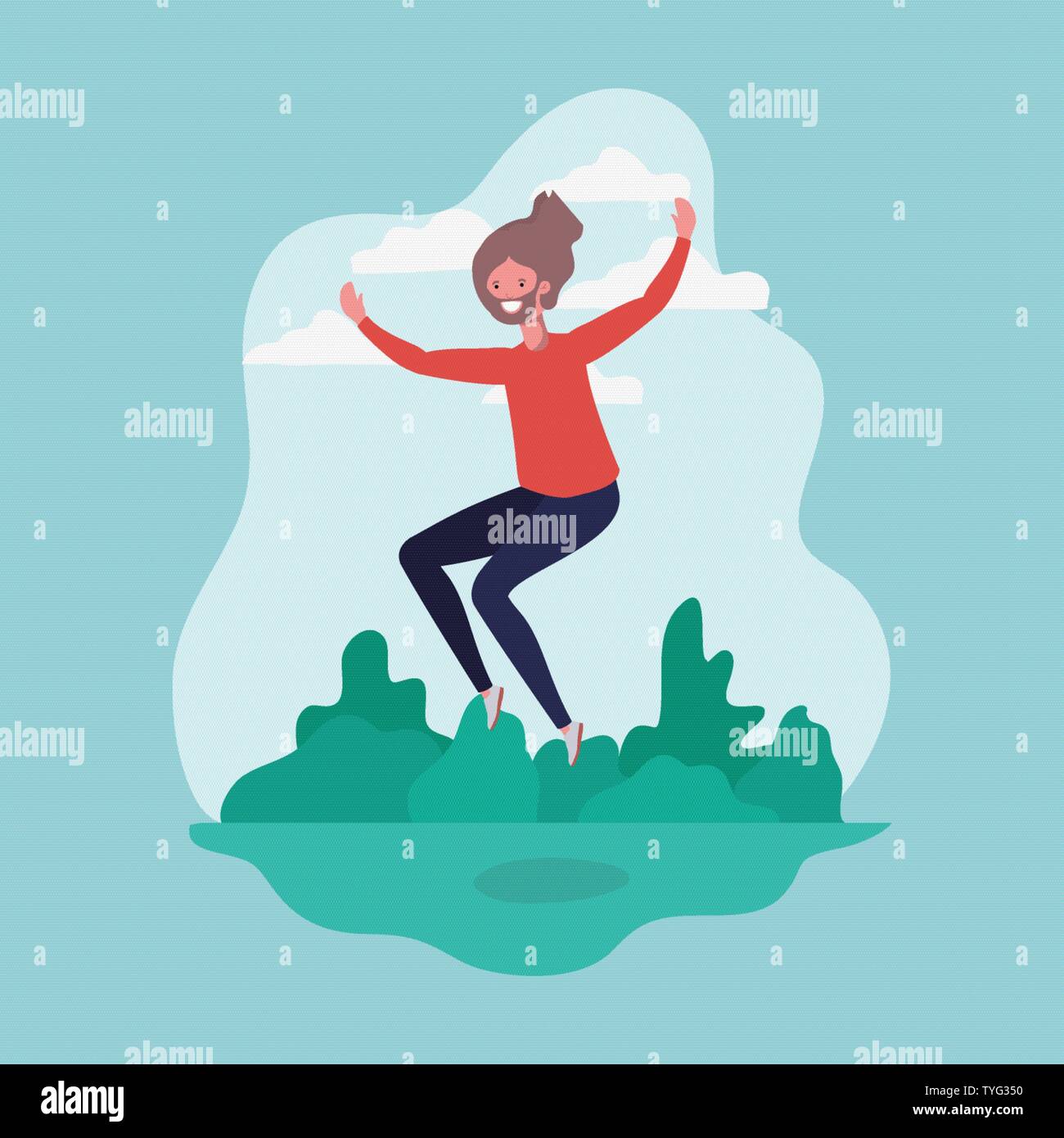 young man with beard jumping in the park character Stock Vector Image ...