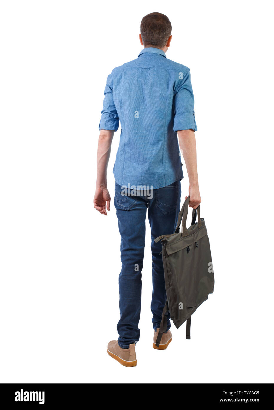 Back view of a man with a green bag. backside view of person. The guy ...