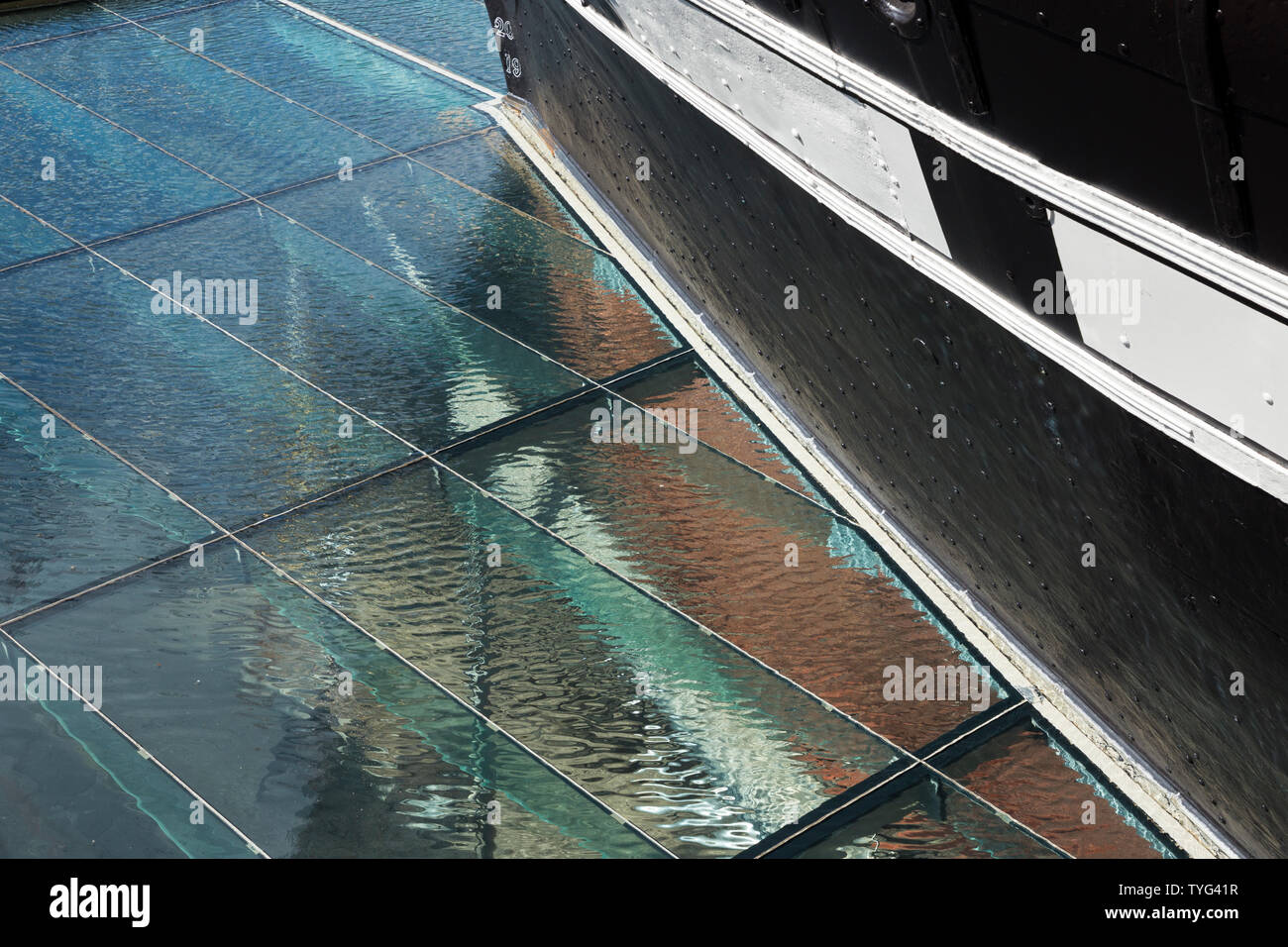 Looking down into the Dry Dock through the flooded glass plate which ...