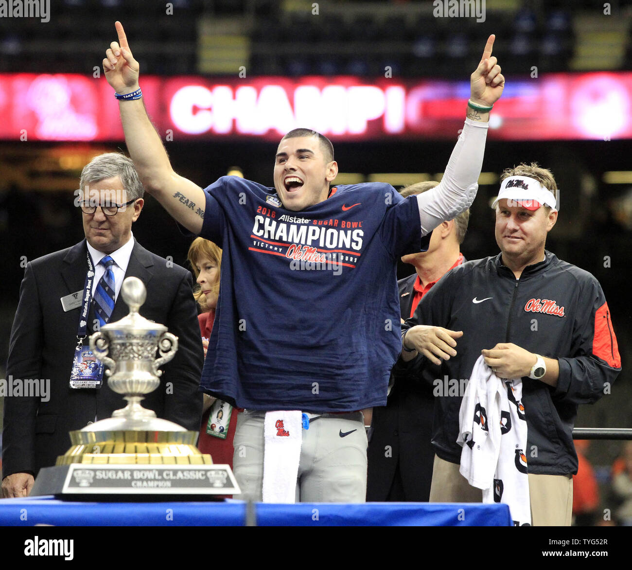 Mississippi Rebels quarterback Chad Kelly (C) with his coach Hugh ...