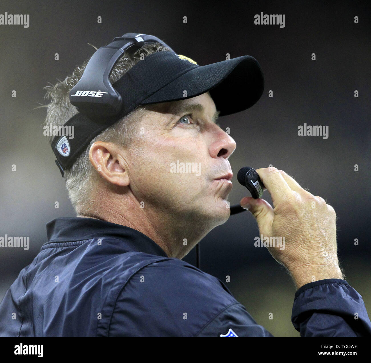 New Orleans Saints head coach Sean Payton looks up at the scoreboard ...