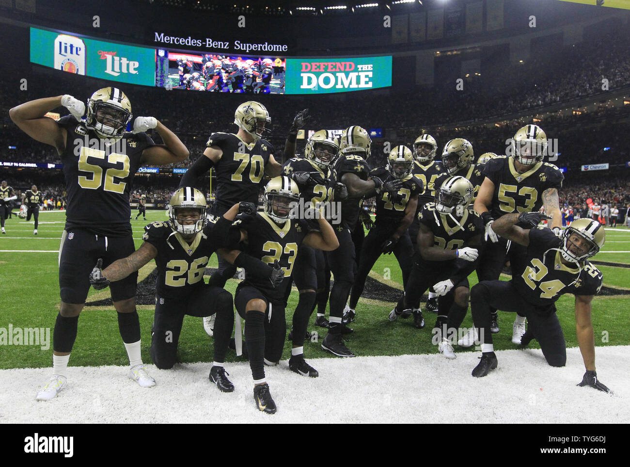 The New Orleans Saints defense celebrate after an interception against ...