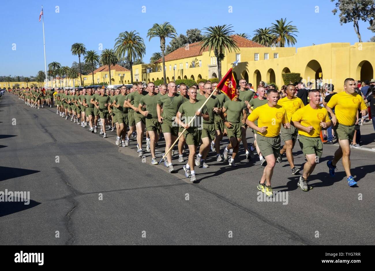 Marines with Hotel Company, 2nd Recruit Training Battalion, run in ...