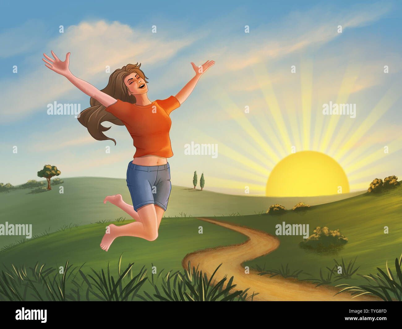 Happy girl jumping over a green landscape at sunset. Digital ...