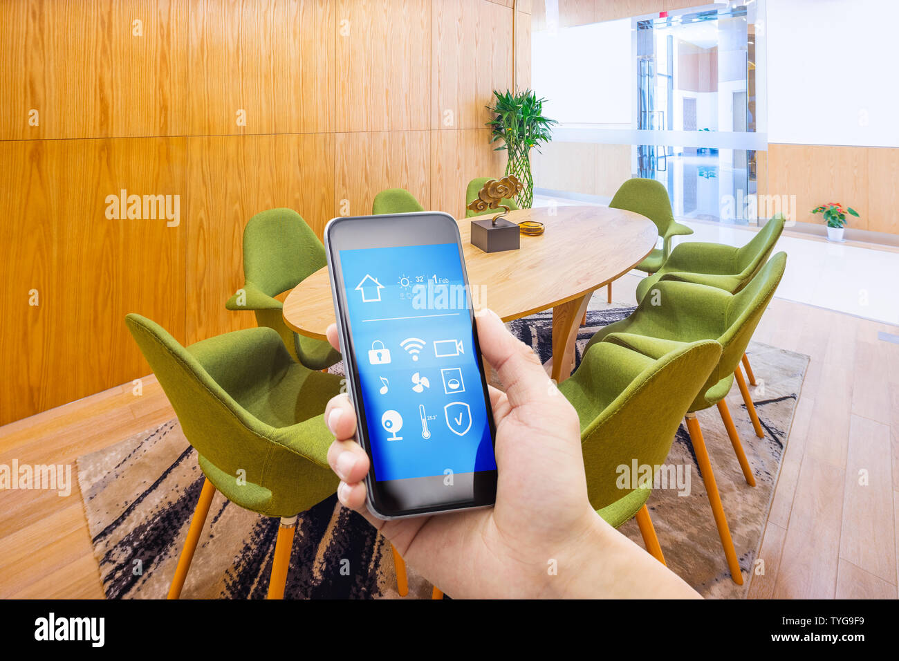 smart phone with smart home and modern dining room Stock Photo - Alamy
