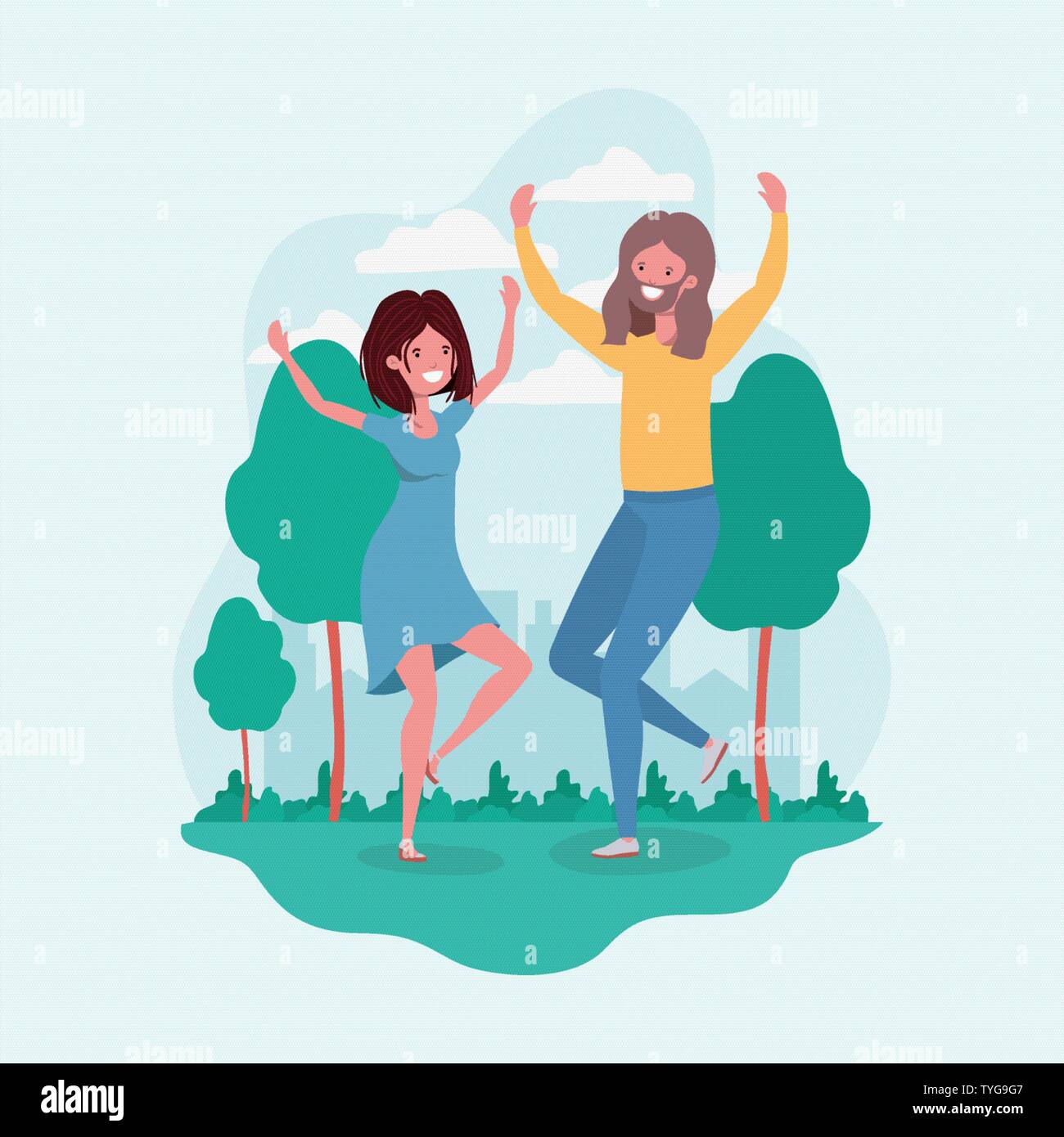 young couple jumping celebrating in the park characters Stock Vector ...