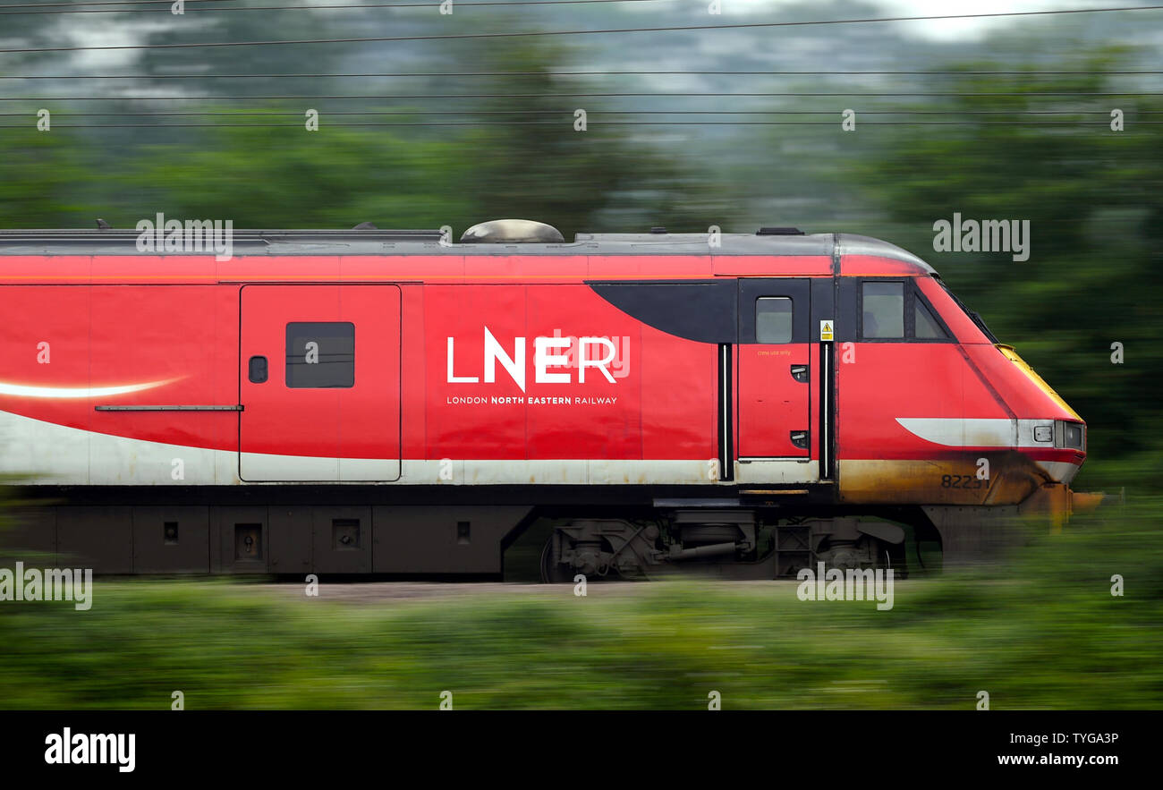 A London North Eastern Railway (LNER) train passes through Sandy in ...