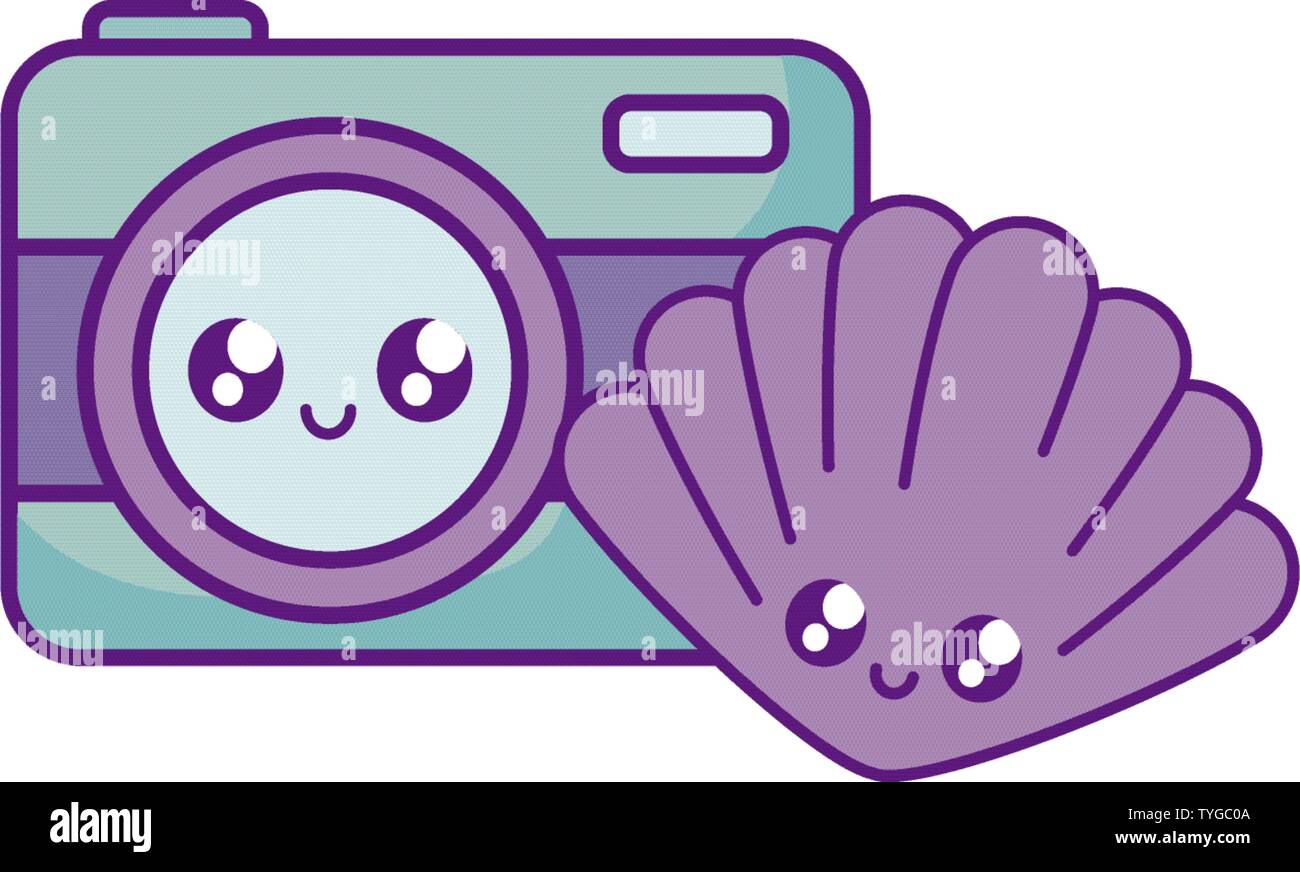 photographic camera with seashell kawaii vector illustration design ...