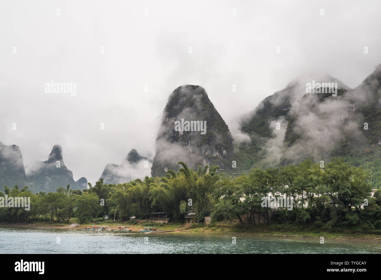 Landscape of the Li River in Guilin, China in the smoke and rain Stock ...