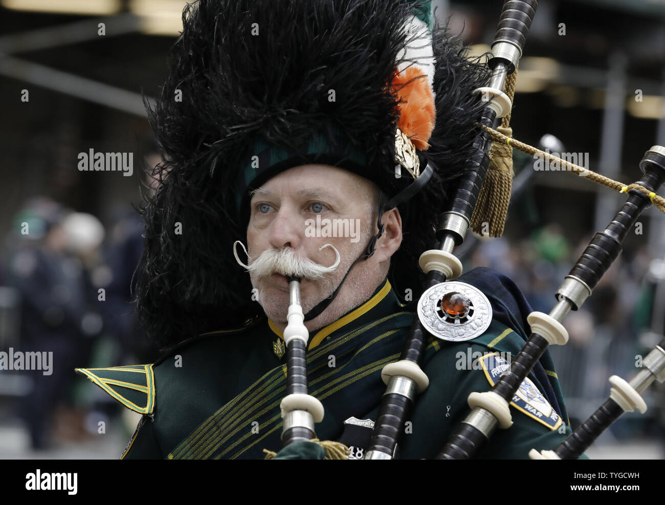 A member of the New York State Fraternal Order of Police Irish War Pipe ...
