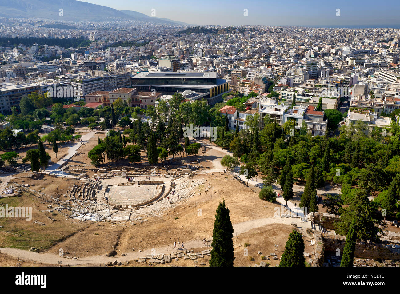 Athens Greece. From the Acropolis view over the city and the theatre of ...