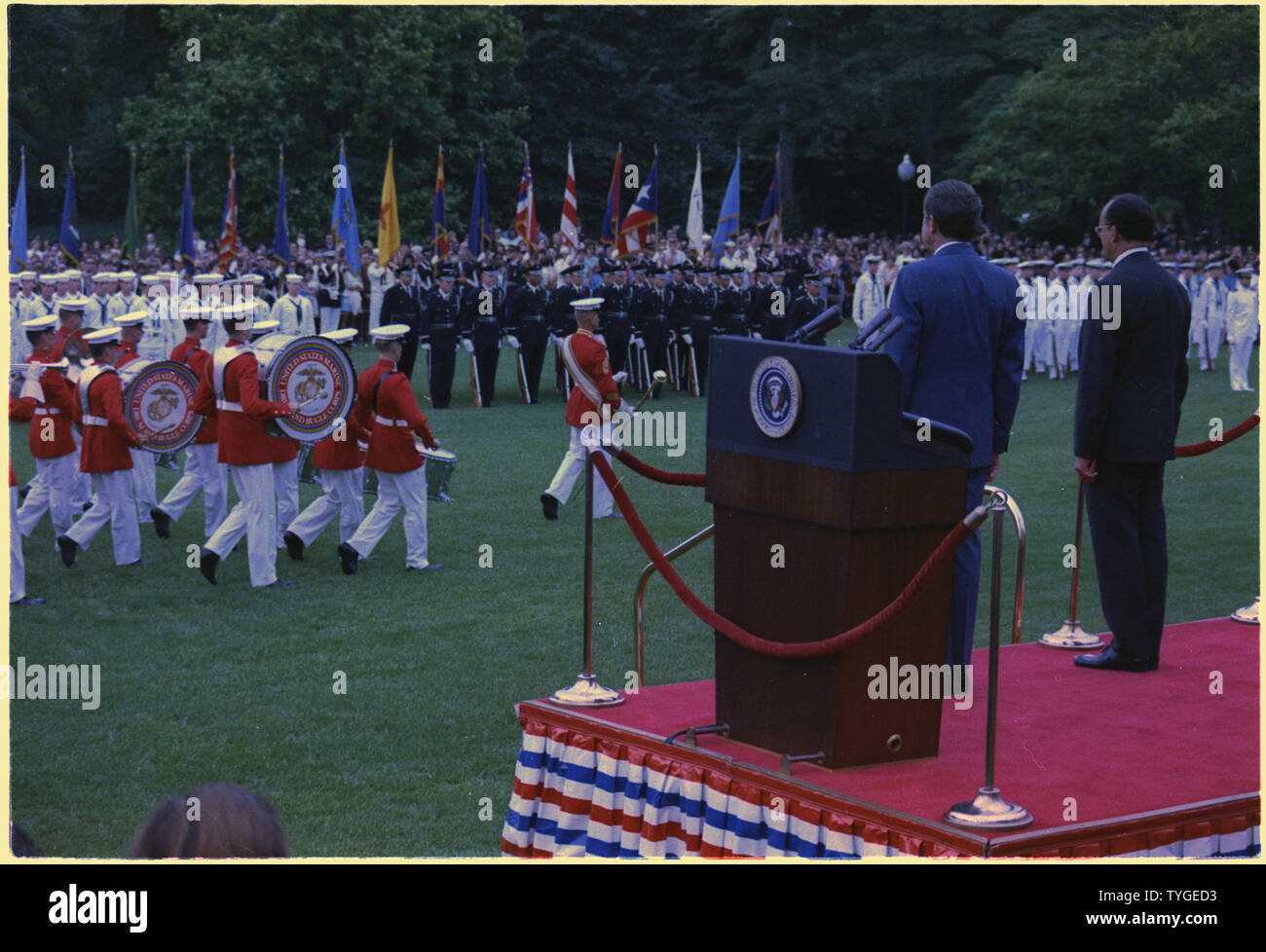 President Nixon and President Alvarez of Mexico review the troops ...