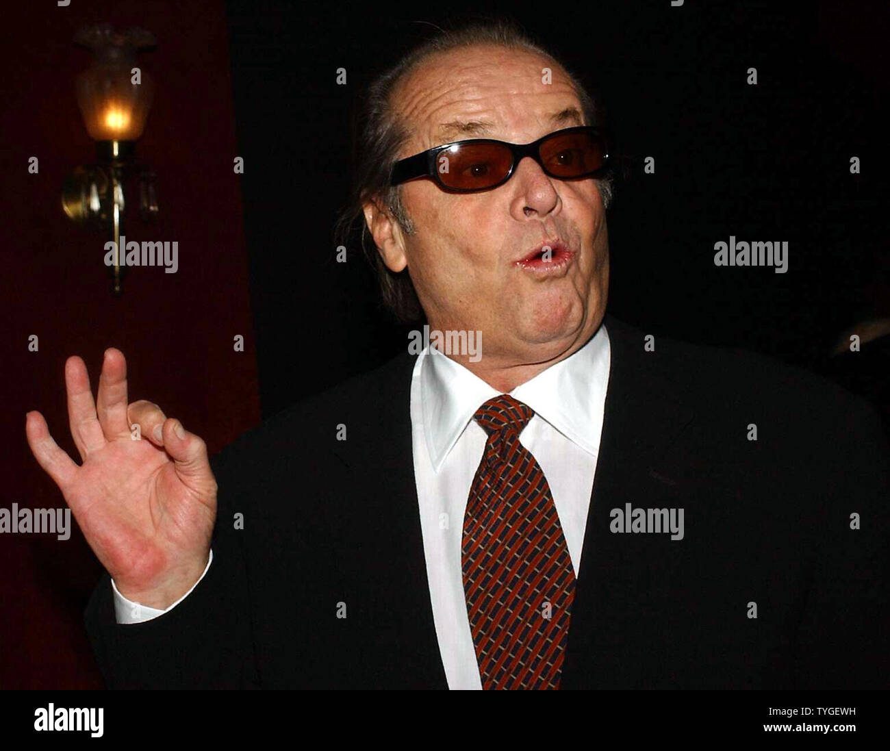 Actor Jack Nicholson gives a greeting to the press corp covering the ...