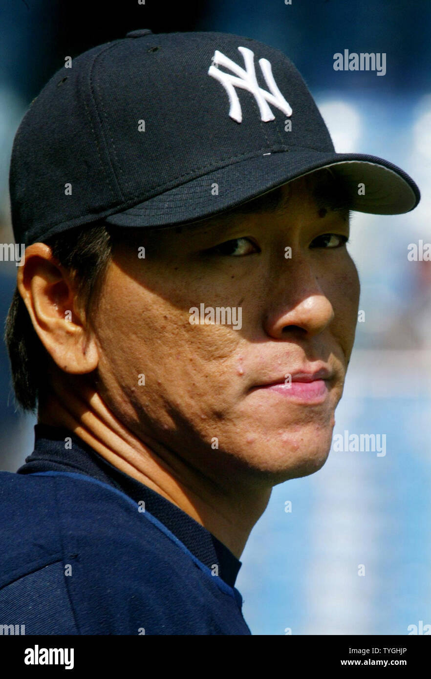 Left fielder Hideki Matsui warms up during batting practice for the New ...