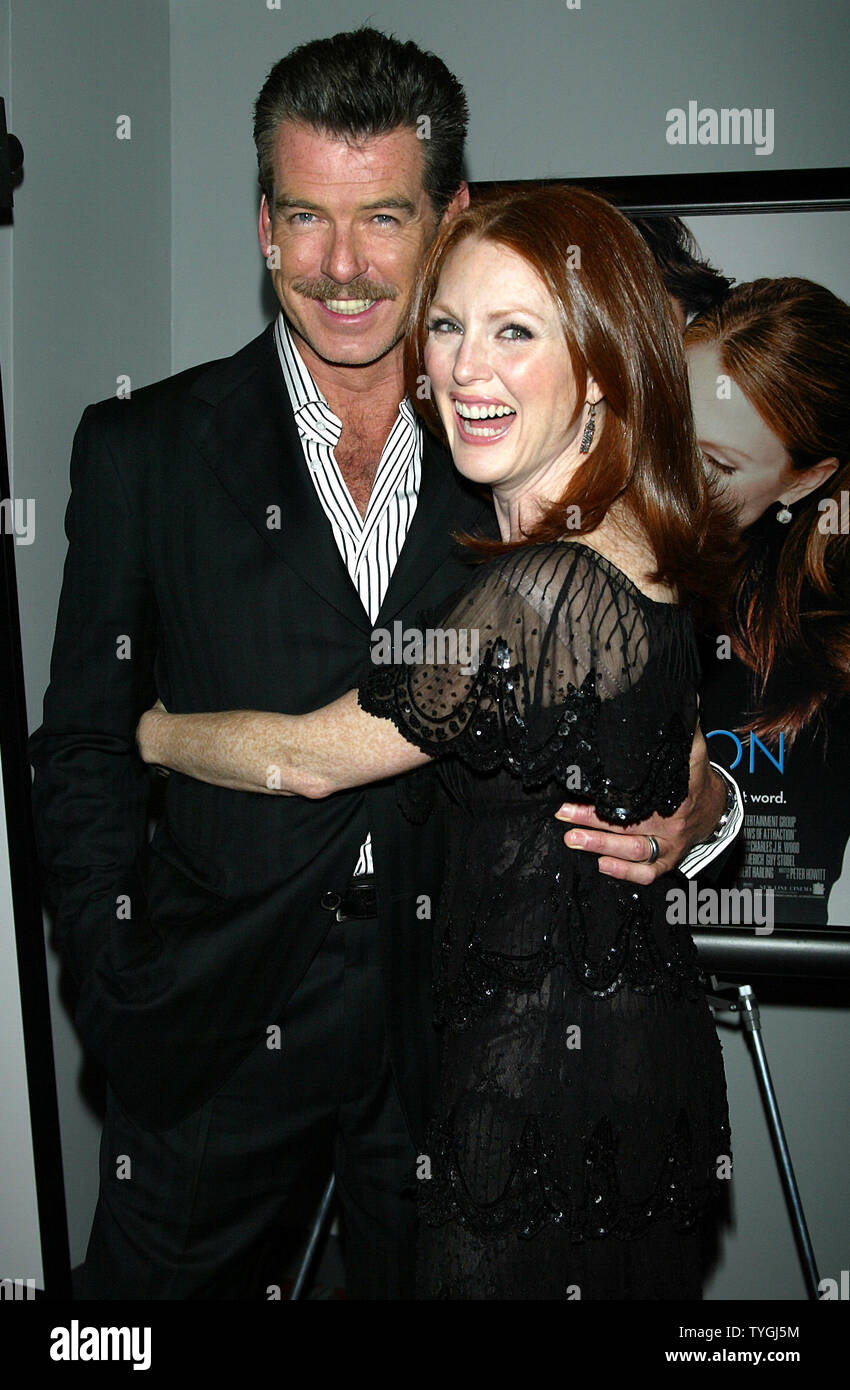 Pierce Brosnan and Julianne Moore pose for pictures at the premiere of ...