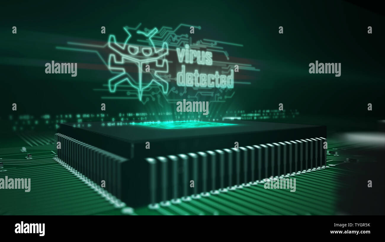 Virus detected hologram over working cpu in background. Worm, cyber ...