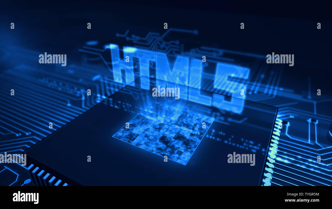 HTML5 glowing hologram over working cpu in background. Modern and ...