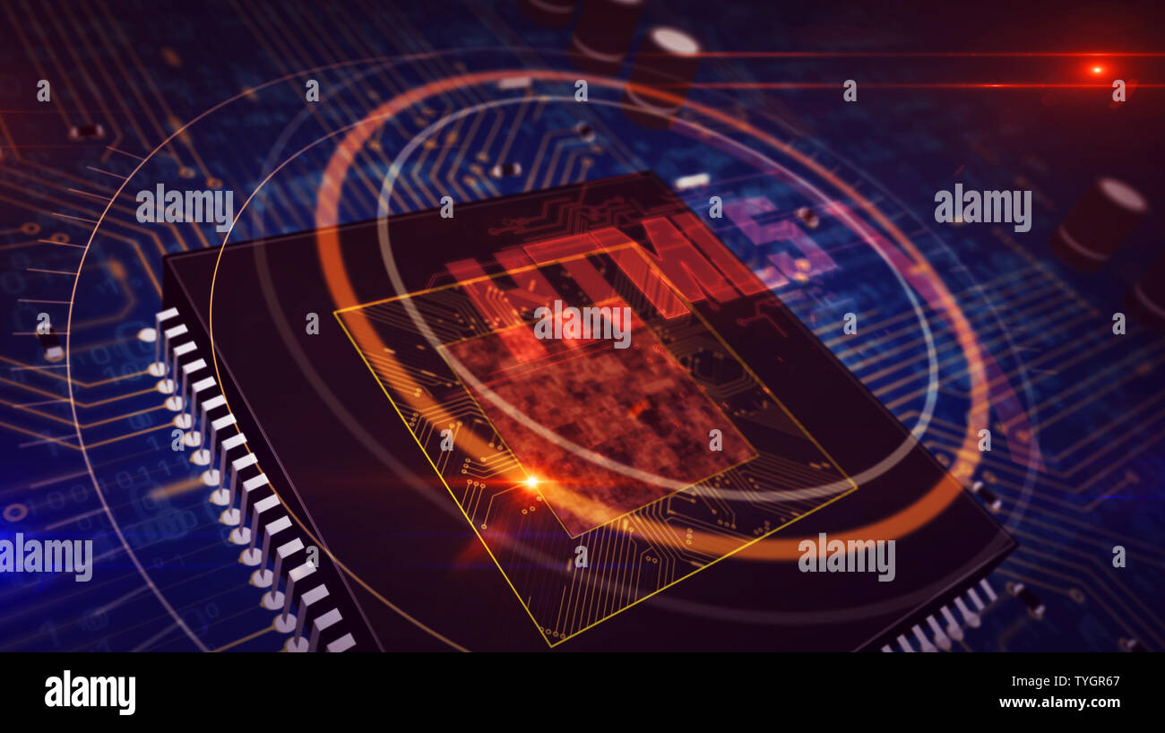 HTML5 glowing hologram over working cpu in background. Modern and futuristic concept of coding ...