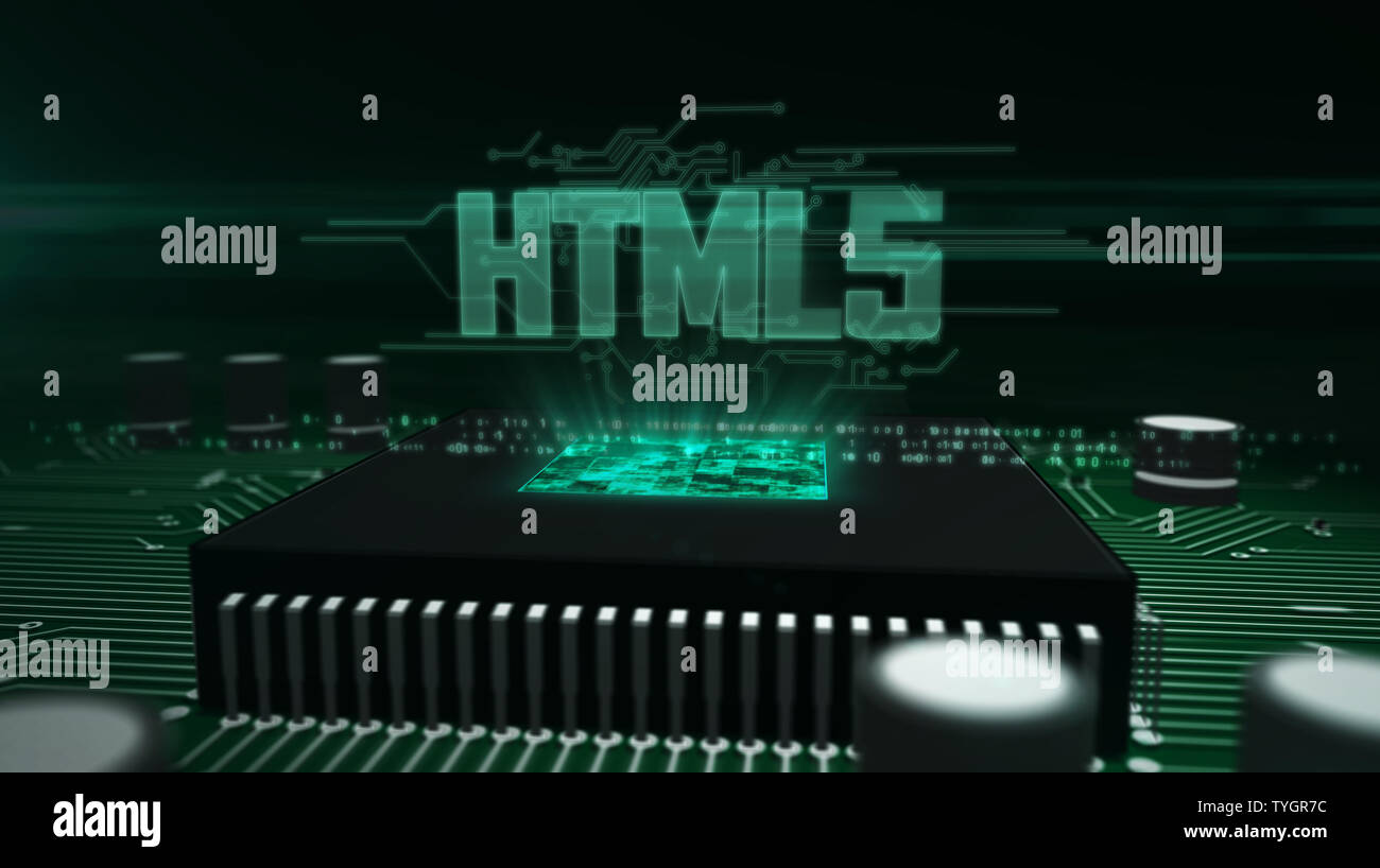 HTML5 glowing hologram over working cpu in background. Modern and ...