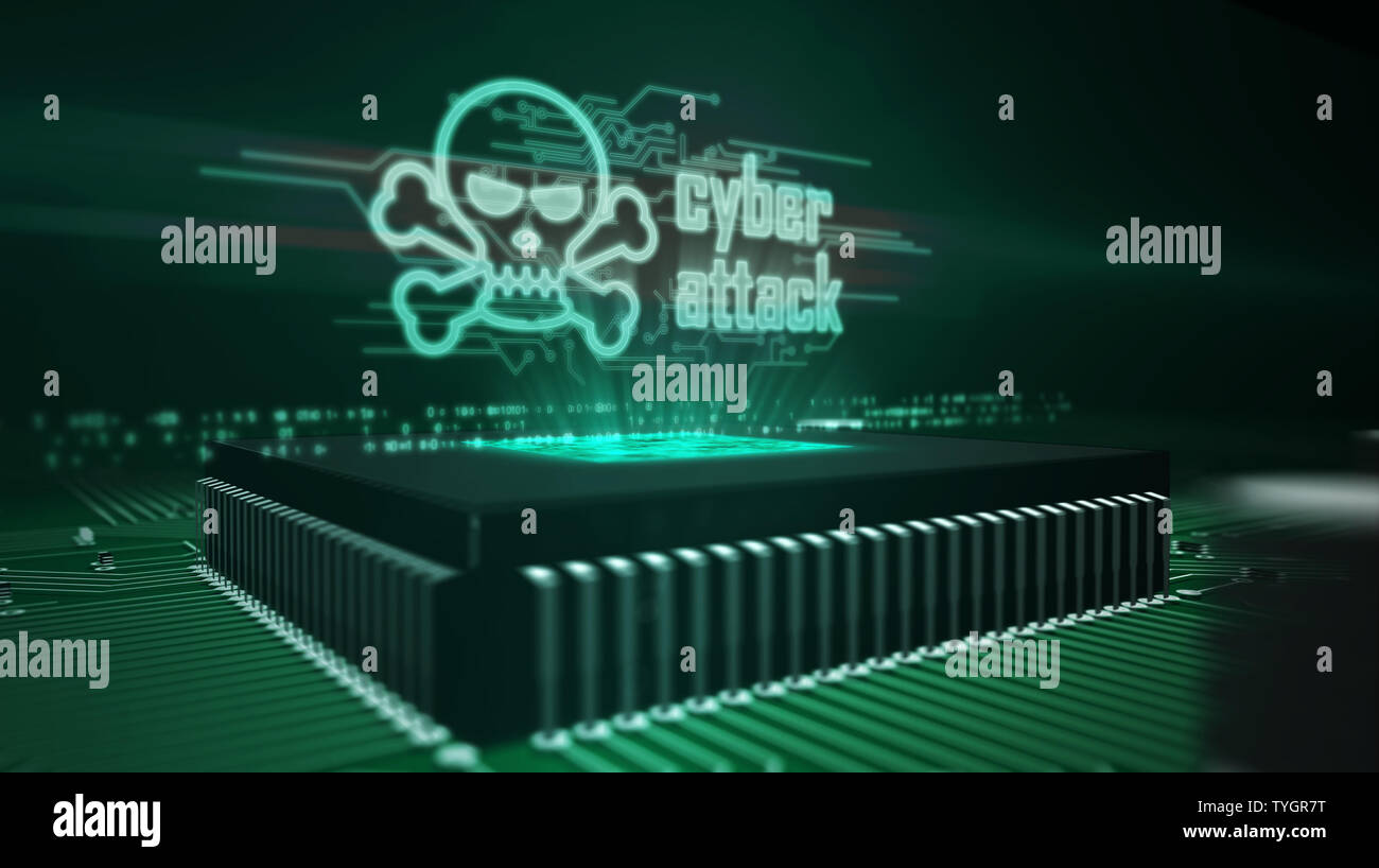 Cyber attack and skull glowing hologram over working cpu in background ...