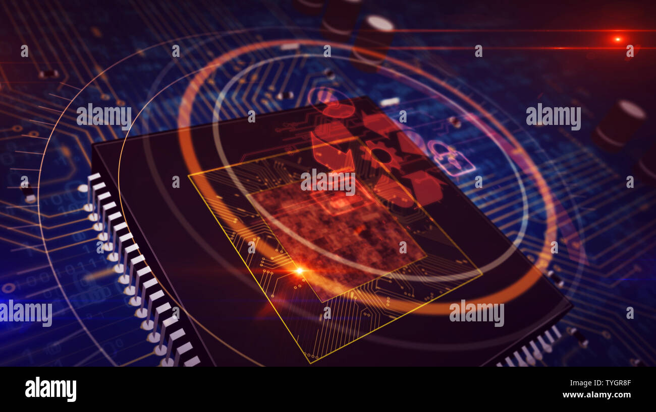 Data management glowing hologram over working cpu in background. Modern and futuristic concept ...