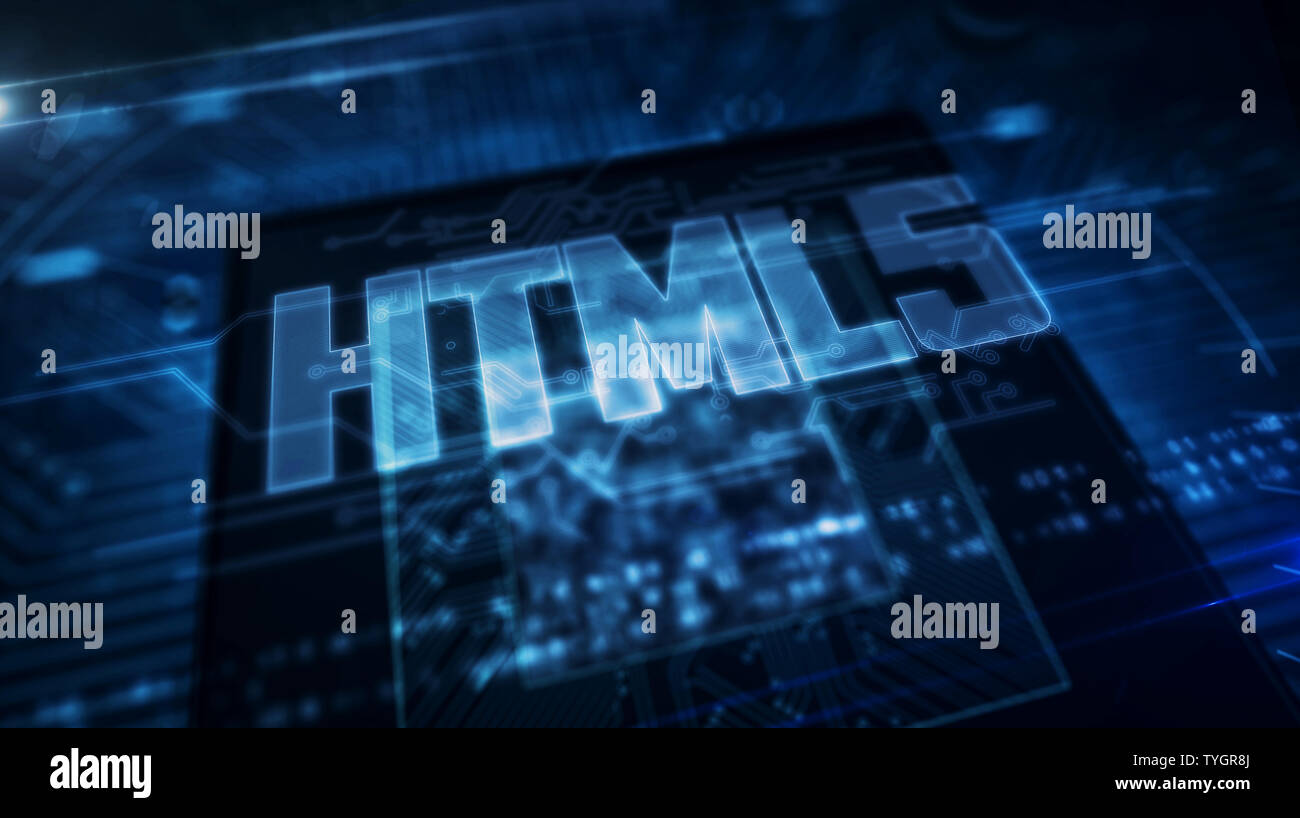 HTML5 glowing hologram over working cpu in background. Modern and ...