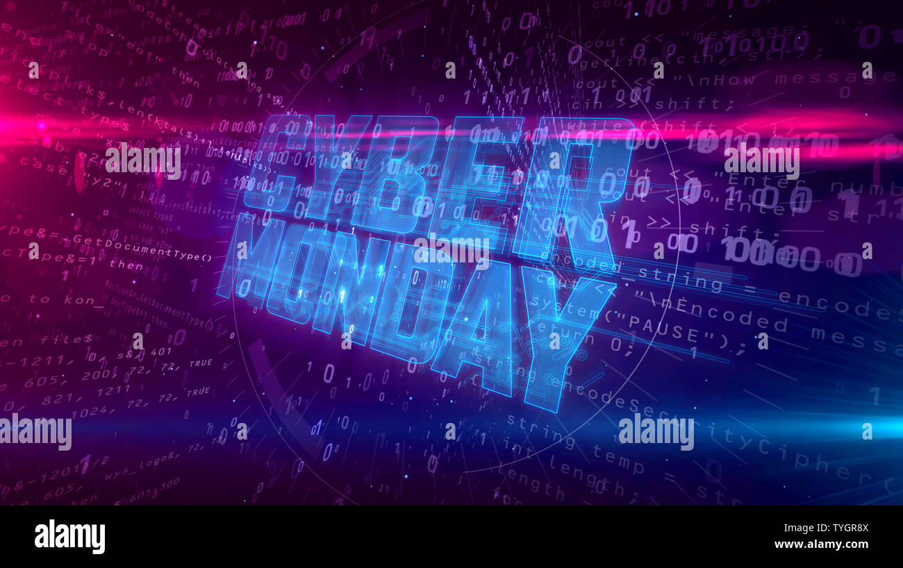 Cyber Monday glowing hologram on digital background. Modern and ...