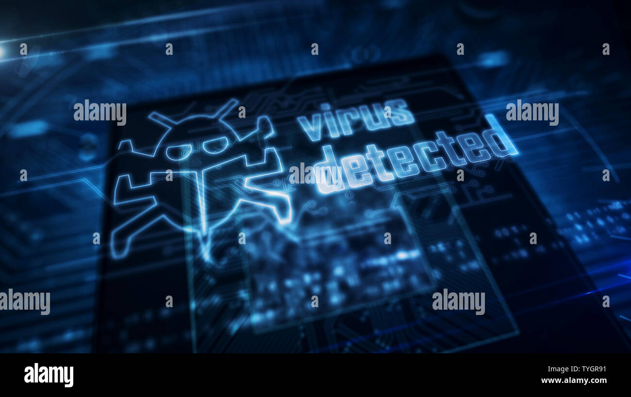 Virus detected hologram over working cpu in background. Worm, cyber ...