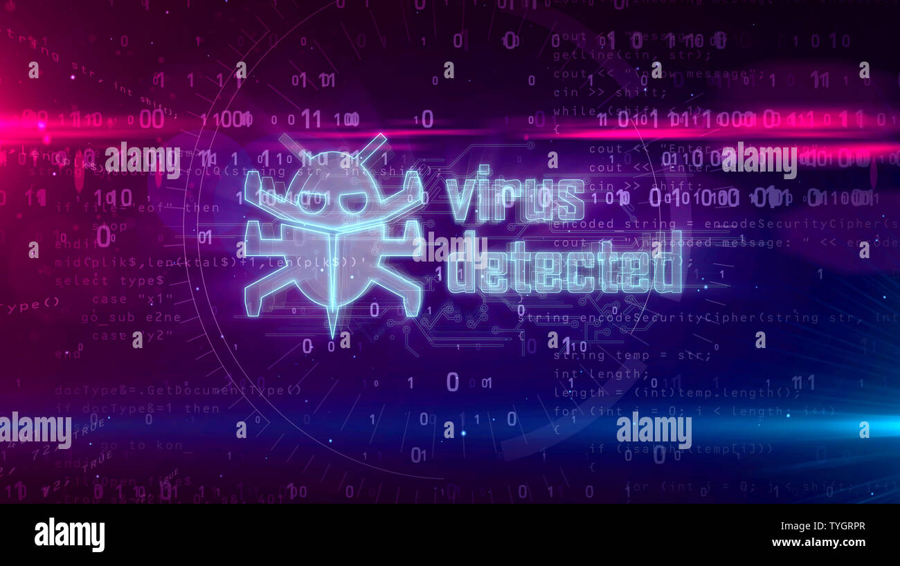 Virus detected hologram on digital background. Danger alert, antivirus ...