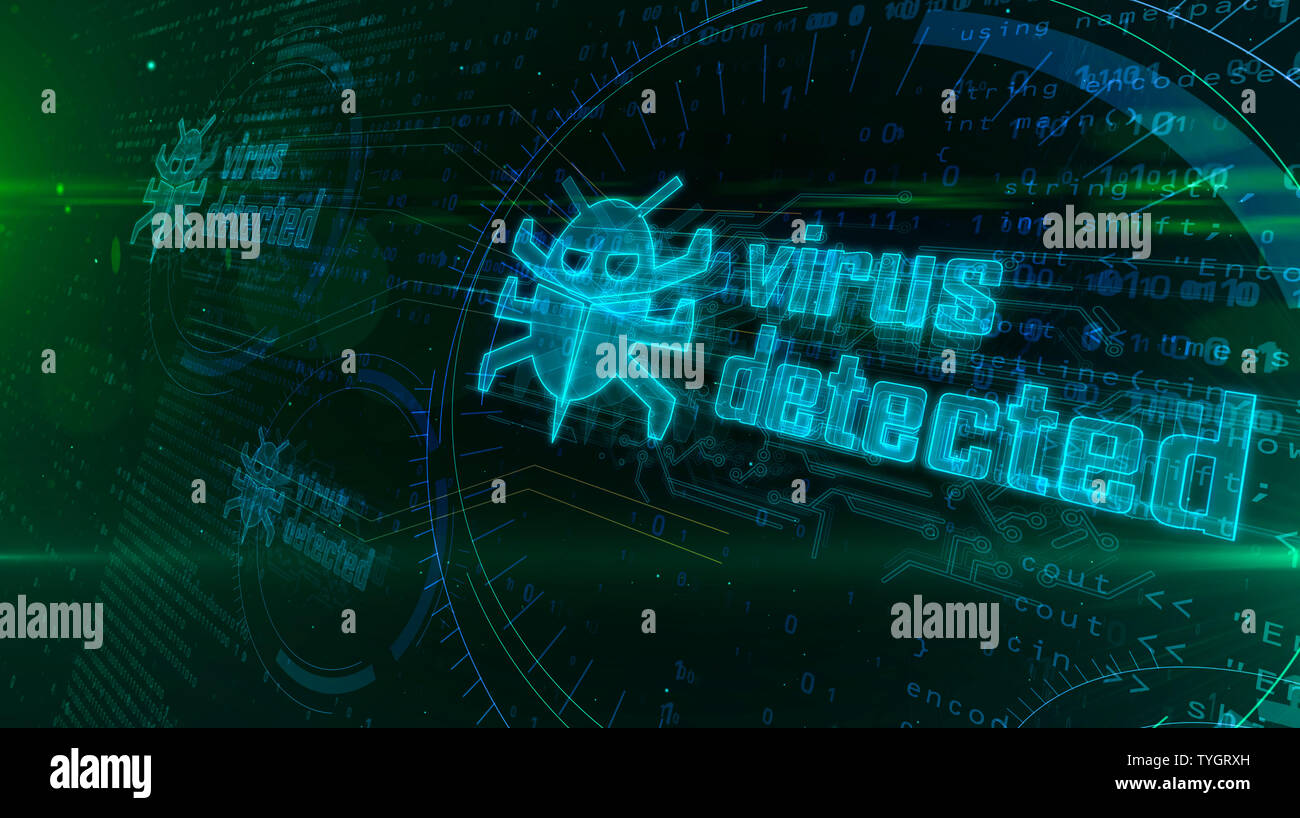 Virus detected hologram on digital background. Danger alert, antivirus ...