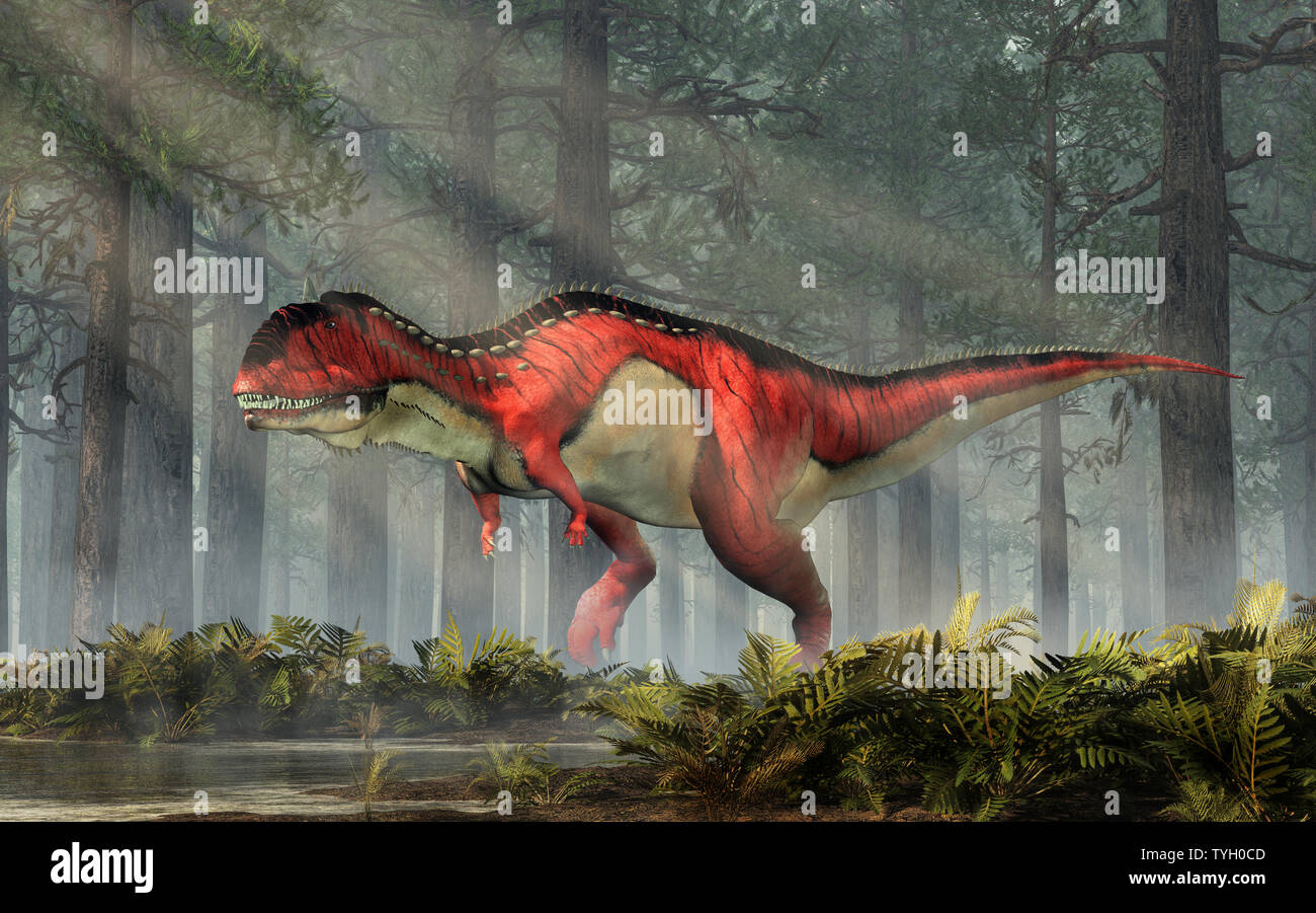 A red and white Rajasaurus with black stripes in a dense forest ...