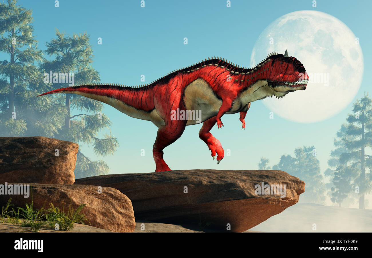 A red and white Rajasaurus with black stripes on a cliff by the moon ...