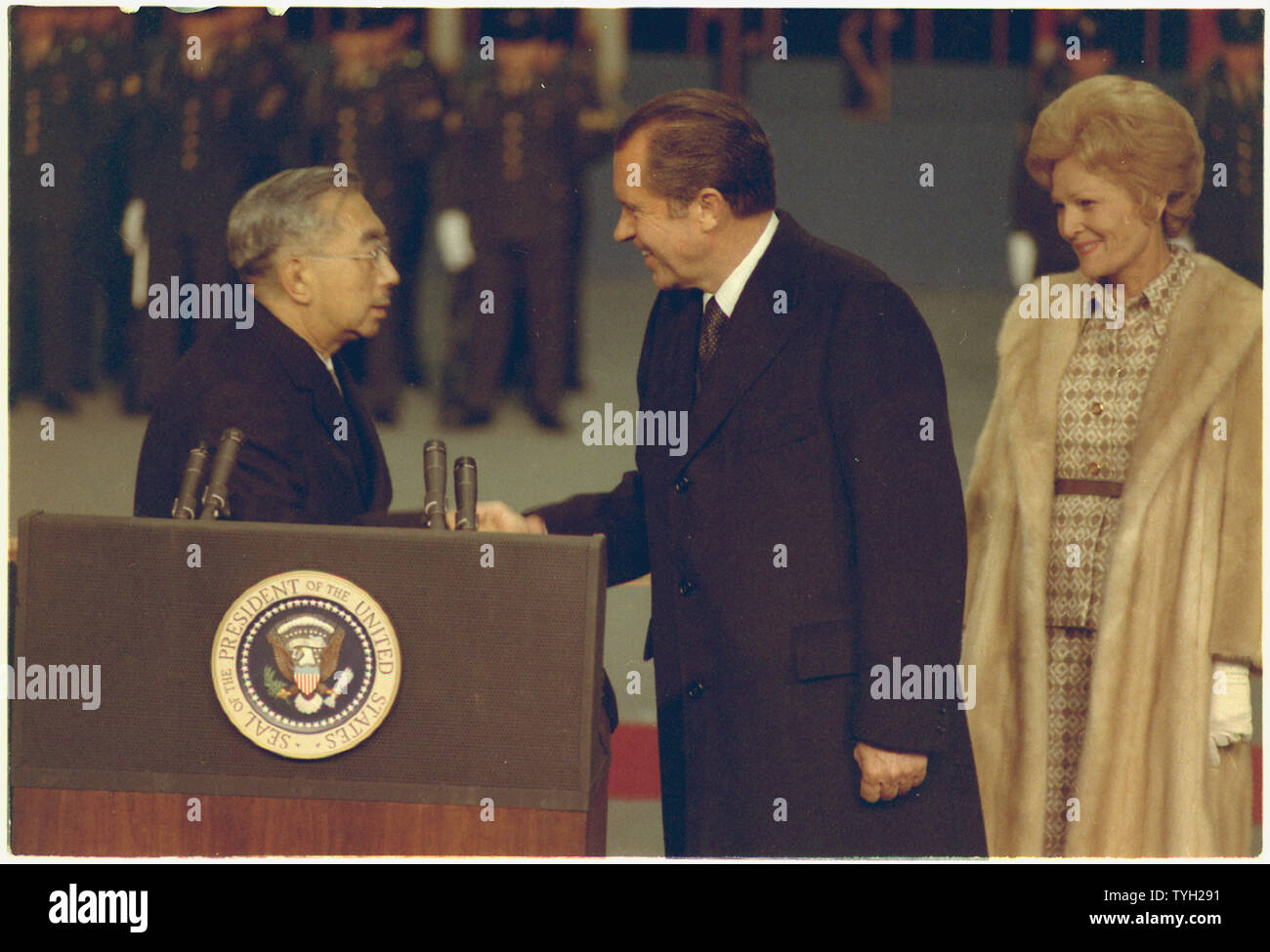 President and Mrs. Nixon greet Emperor Hirohito of Japan at Elmendorf ...