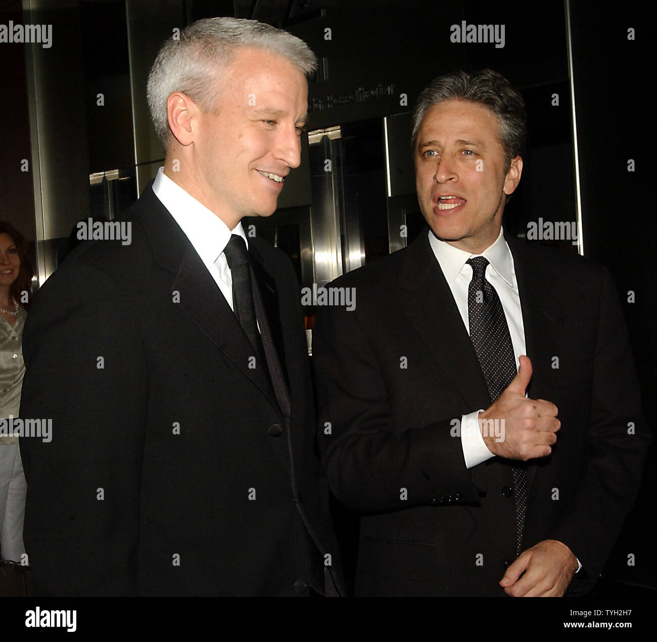 CNN tv journalist Anderson Cooper (left) chats with Jon Stewart who was ...
