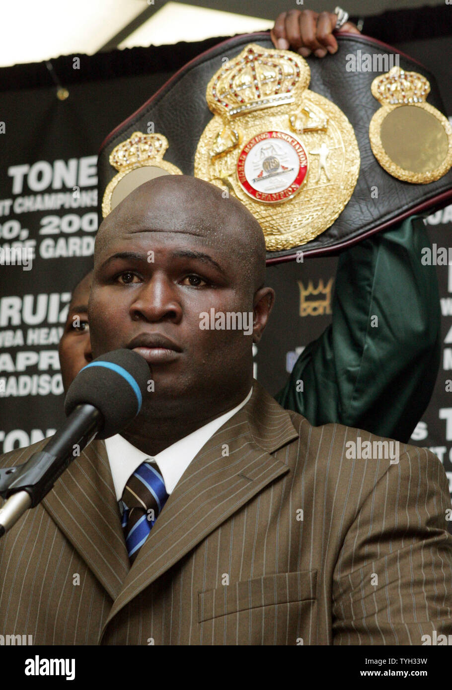 James Toney talks to the press after winning the WBA heavyweight title ...