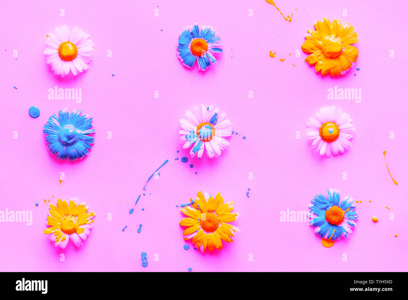 The daisy pattern is colored in blue and yellow acid colors with neon ...