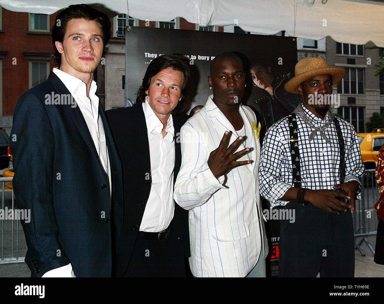 (left to right): Garrett Hedlund, Mark Wahlberg, Tyrese Gibson and ...