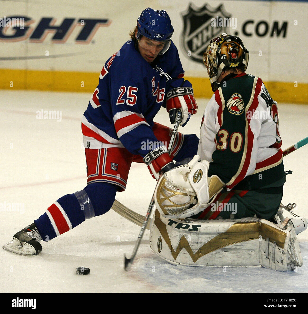 New York Rangers Petr Prucha tries to score on Minnesota Wild goal ...