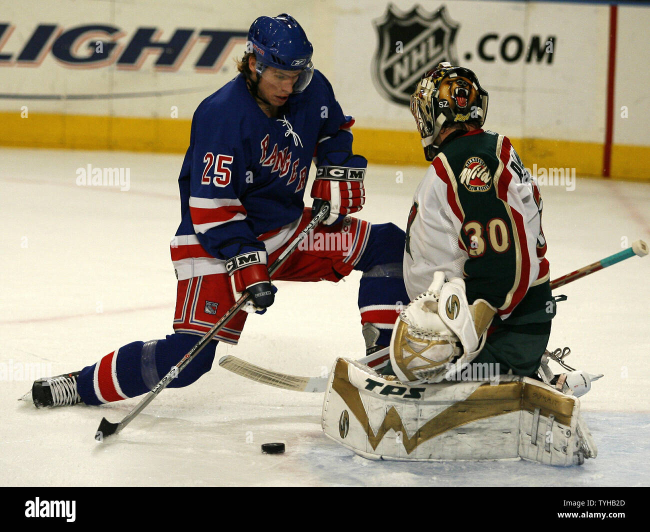 New York Rangers Petr Prucha tries to score on Minnesota Wild goal ...