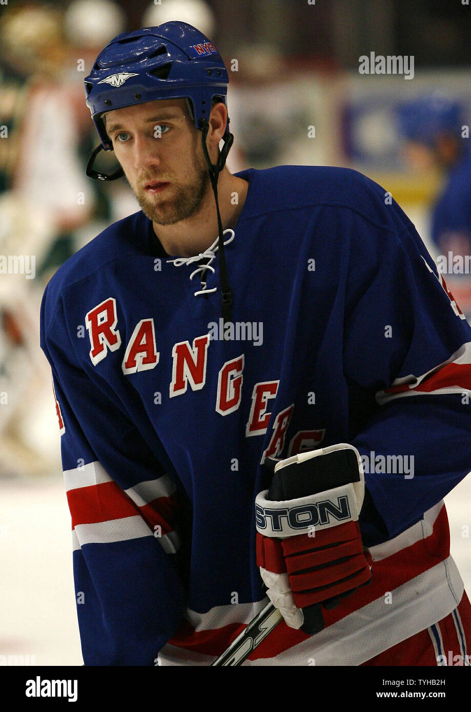 New York Rangers Jason Ward looks at the goal during practice at ...