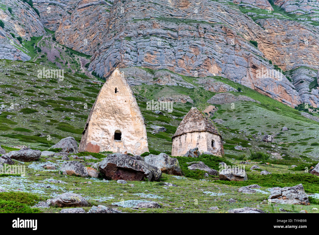 View of medieval tombs in City of Dead near Eltyulbyu, Russia Stock ...