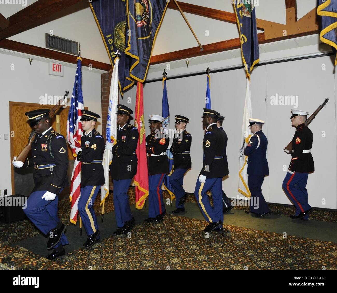 The JBLM Joint Forces Honor Guard present the colors at a 2016 Joint ...