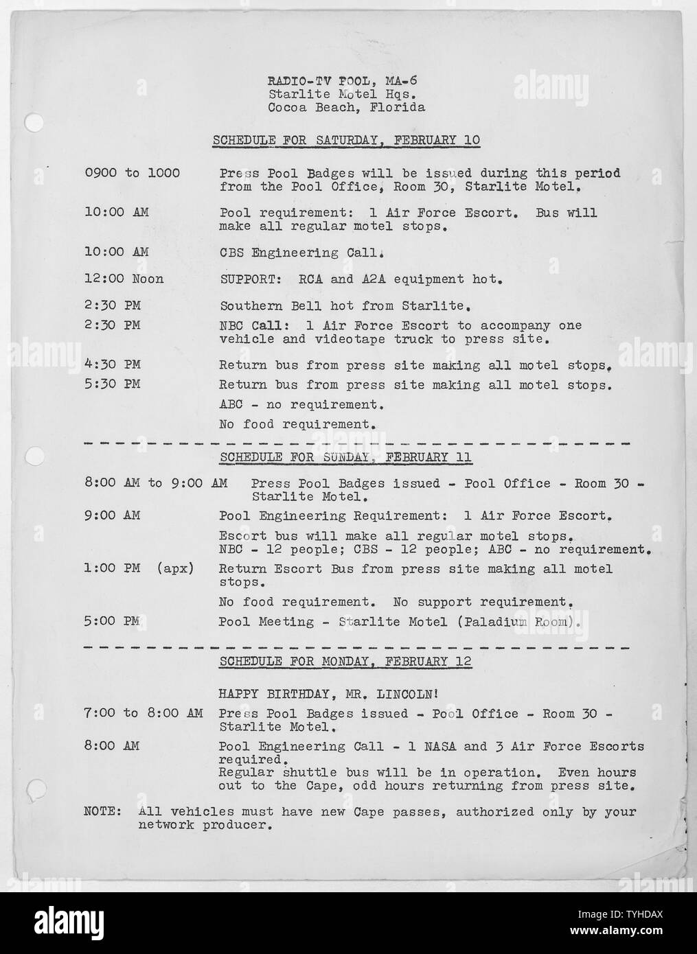 Radio-TV Pool, Mercury Atlas 6; Scope and content: This is a schedule ...