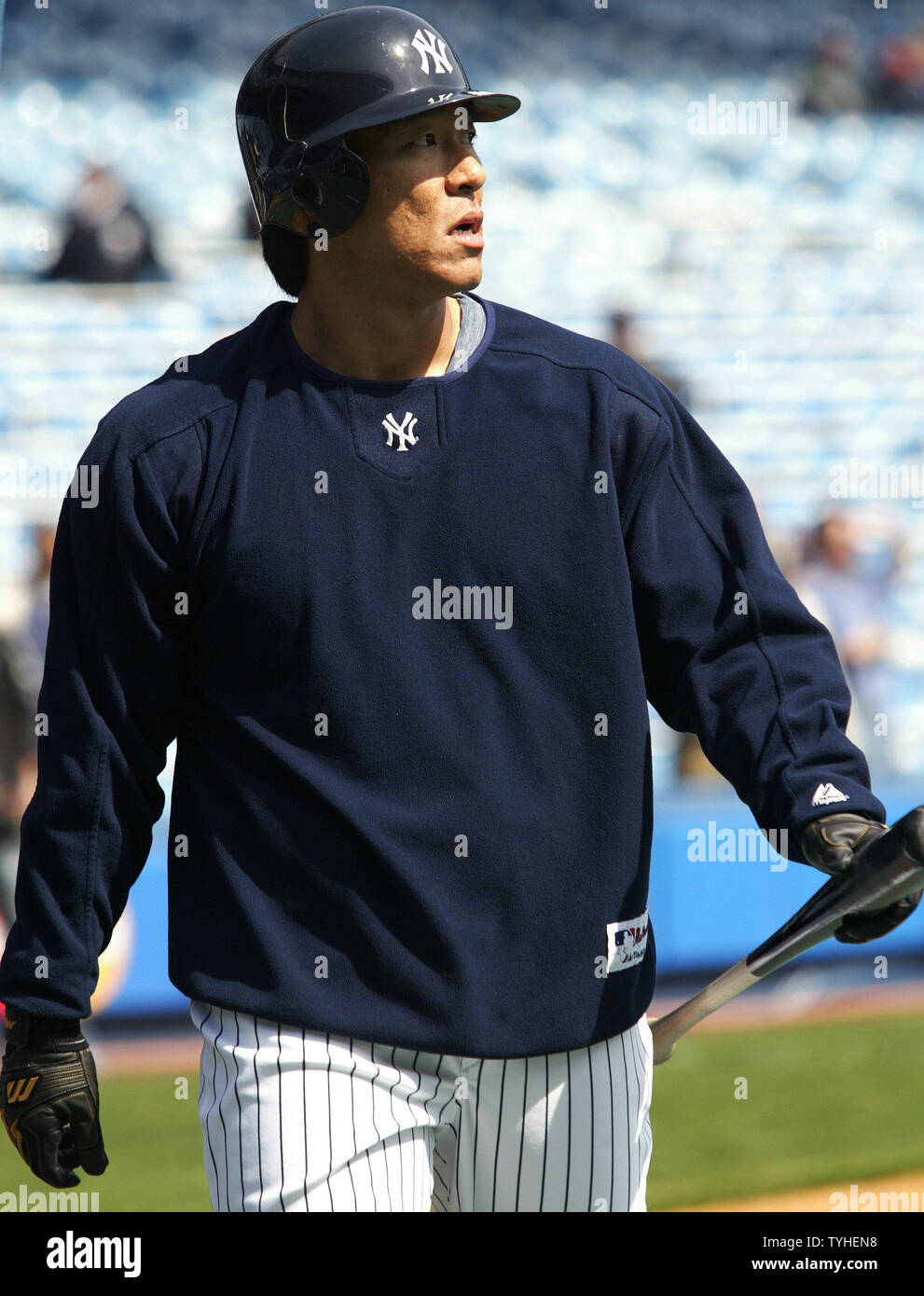 Hideki Matsui of the New York Yankees takes batting practice before the ...