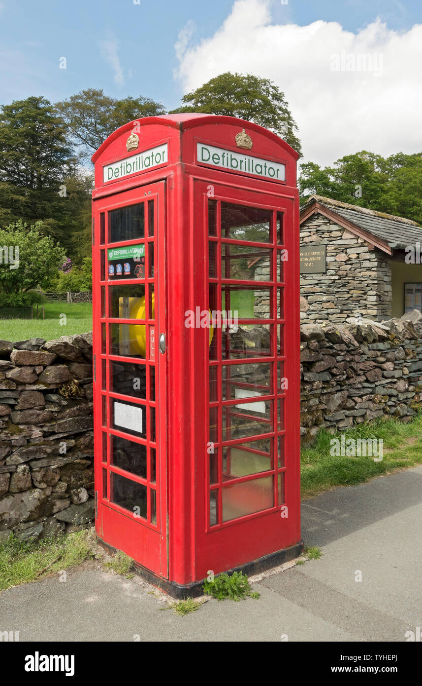 Defibrillator in former public phone telephone box Grasmere Cumbria ...