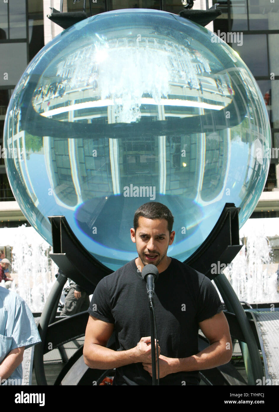 Magician and performance artist David Blaine speaks to the media as he ...