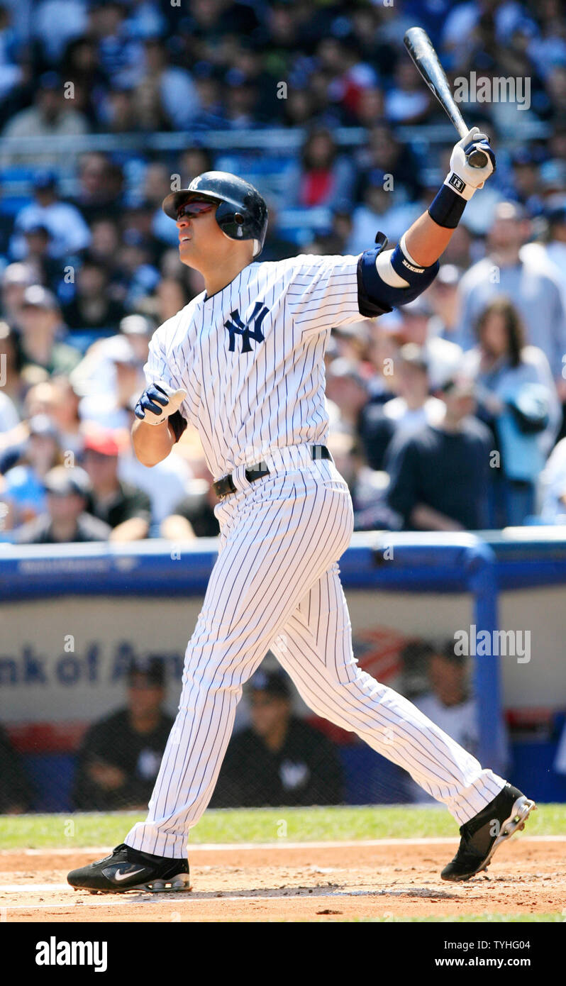 New York Yankees Alex Rodriguez watches the baseball after hitting a 3 ...